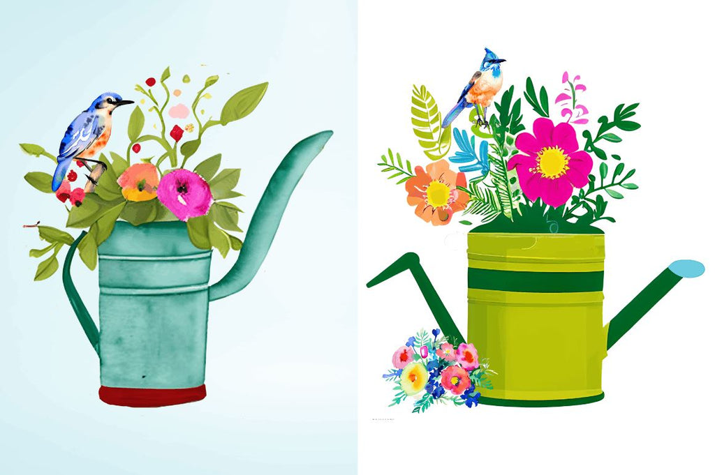 Watercolor Watering Can with Birds Clipart Bundle - So Fontsy