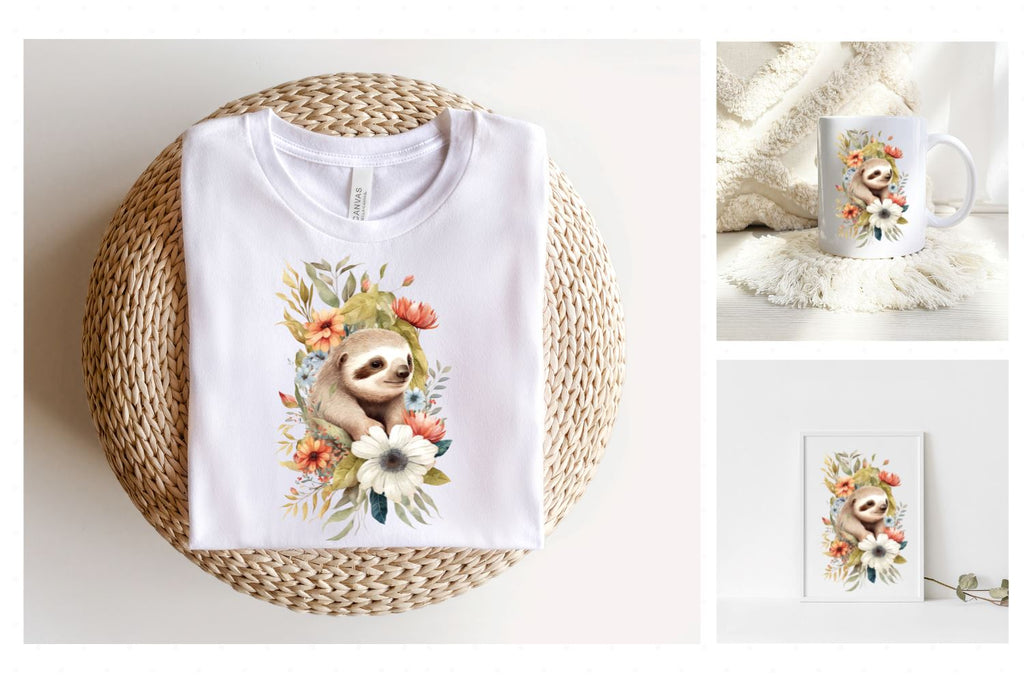 Watercolour Floral Baby Sloth Sublimation PNG - So Fontsy