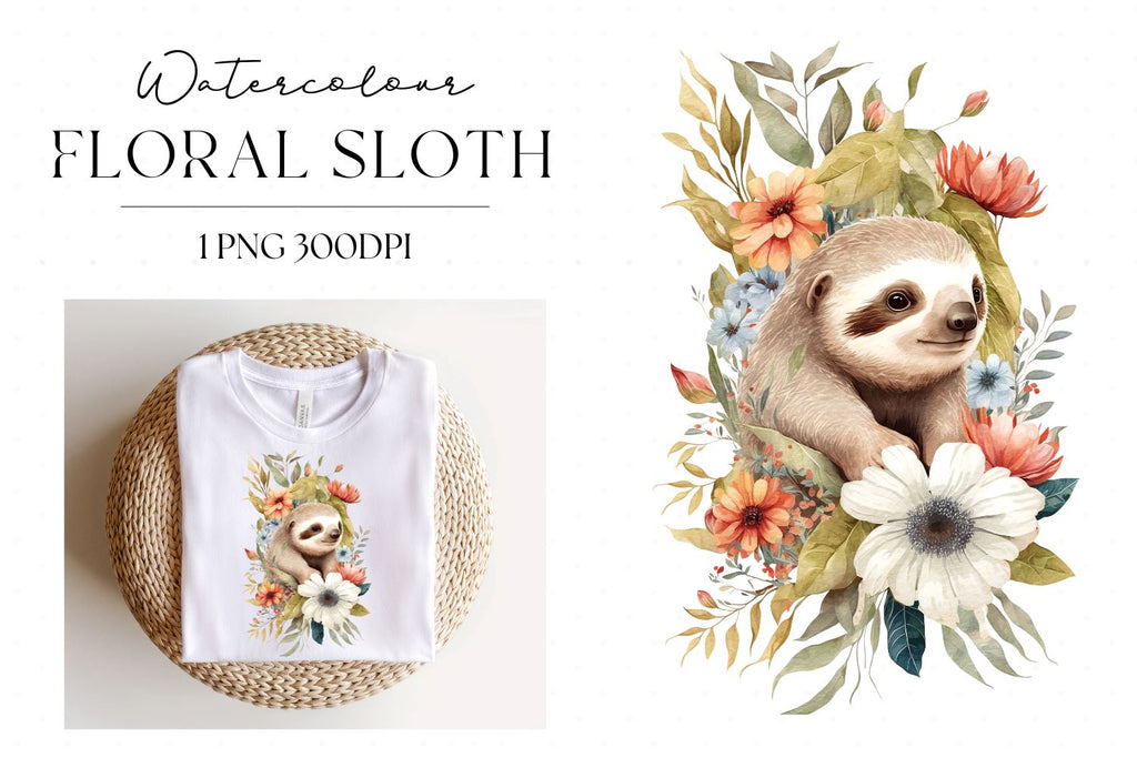 Watercolour Floral Baby Sloth Sublimation PNG - So Fontsy