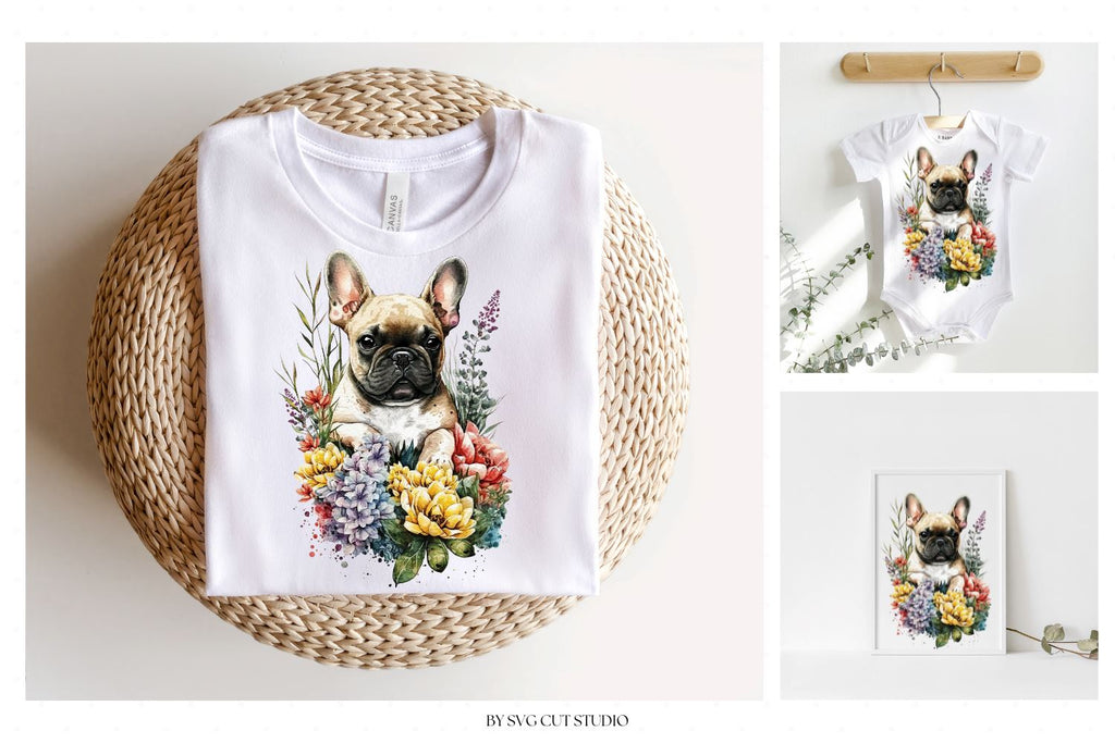 Watercolour Floral French Bulldog Sublimation PNG - So Fontsy