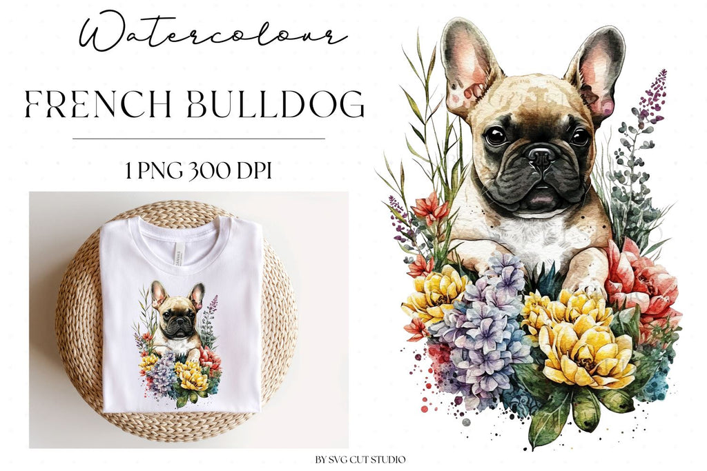 Watercolour Floral French Bulldog Sublimation PNG - So Fontsy