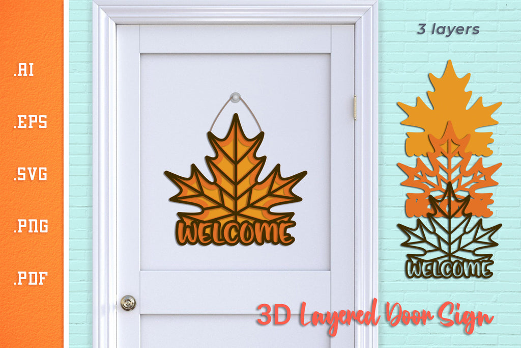 Welcome Autumn Leaf Sign- Layered Door Sign SVG - So Fontsy