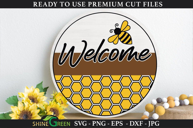 Welcome Bee Round Sign SVG Cut File - So Fontsy