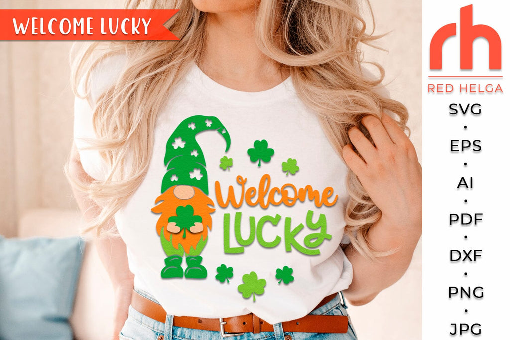 Welcome Lucky SVG, Round Hanger Cut File, Gnome Door Sign DXF - So Fontsy