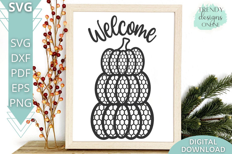 Welcome Stacked Pumpkin SVG I Chicken wire Pumpkin sign SVG - So Fontsy