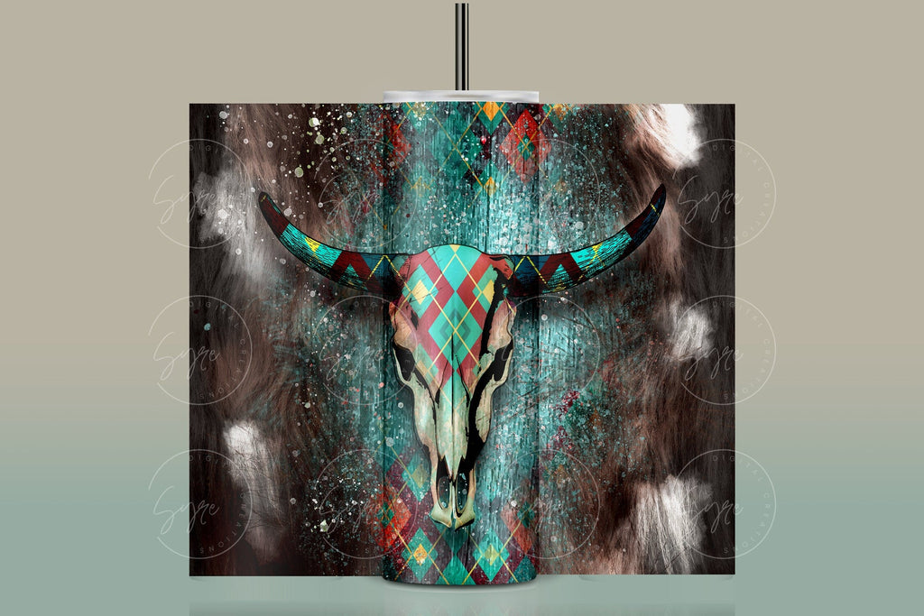 Western Aztec Cow Skull Png, Cow Hide Skull Western Tumbler Wrap ...