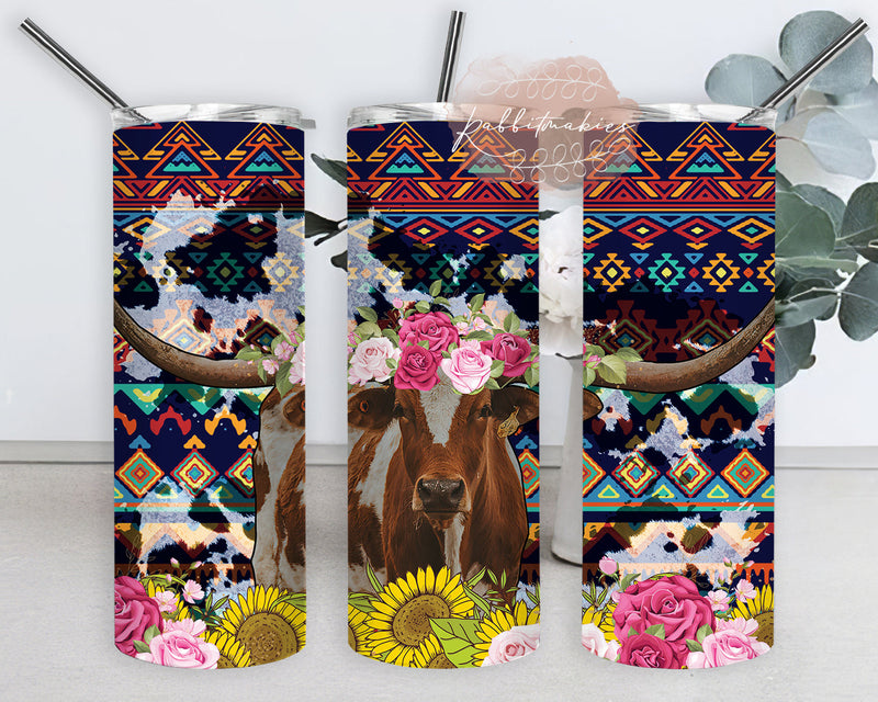 Western Longhorn Tumbler Png, Aztec Cowhide Longhorn 20oz Full Tumbler ...