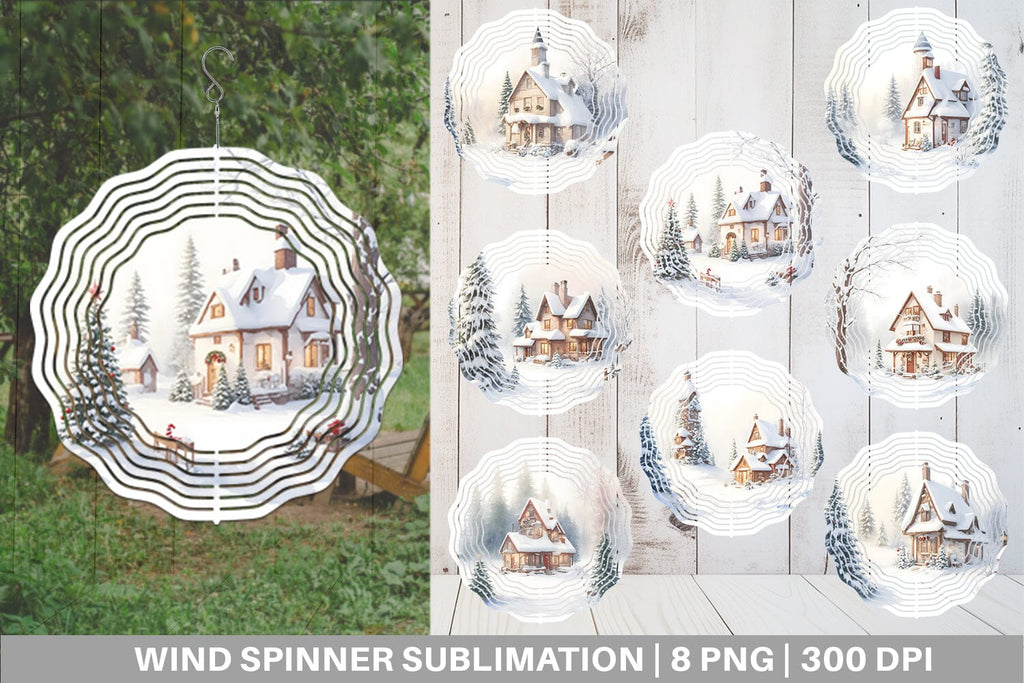 Wind Spinner Watercolor Texture Winter House - So Fontsy