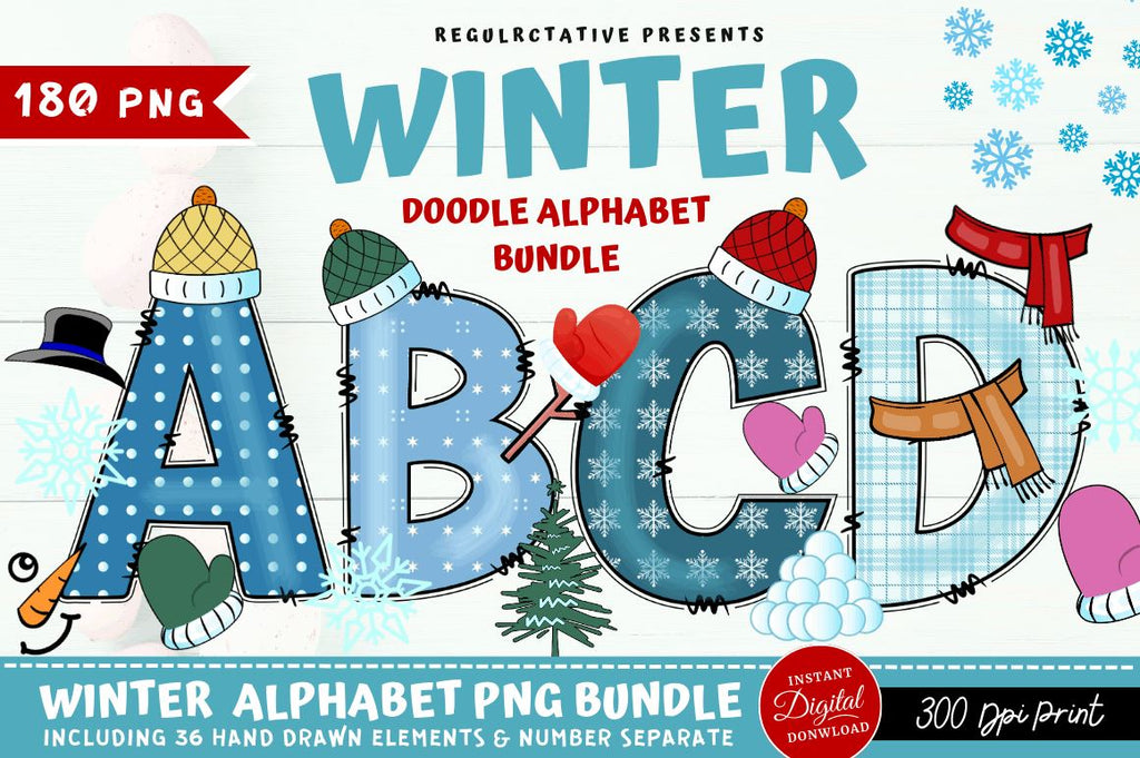 Winter Doodle Alphabet Bundle with Hand Drawn Clipart - So Fontsy