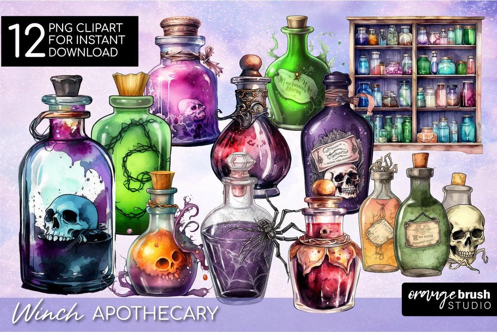 Witch Apothecary Clipart, Watercolor Halloween Potion Bundle - So Fontsy