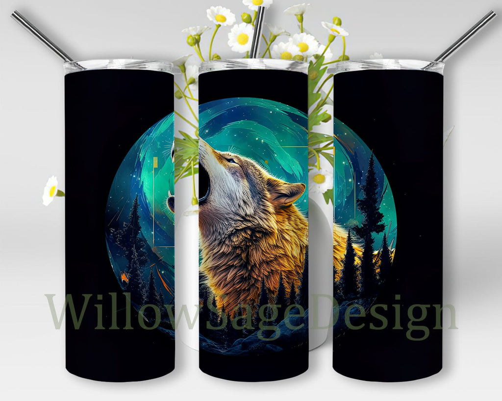 Wolf Howling 20oz Skinny Tumbler Png, Wolf Howling At The Moon Pine ...
