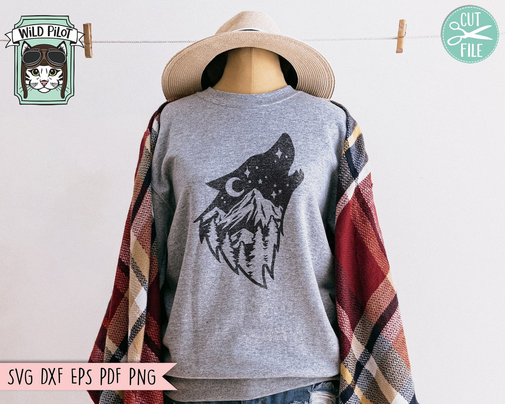 Wolf SVG, Wolf Silhouette SVG, Wolf Mountain Scene SVG, Forest Trees ...
