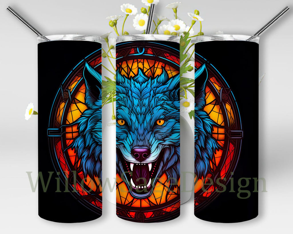 Wolf With Fang Neon Stained Glass Window 20oz Skinny Tumbler Png, Wolf ...