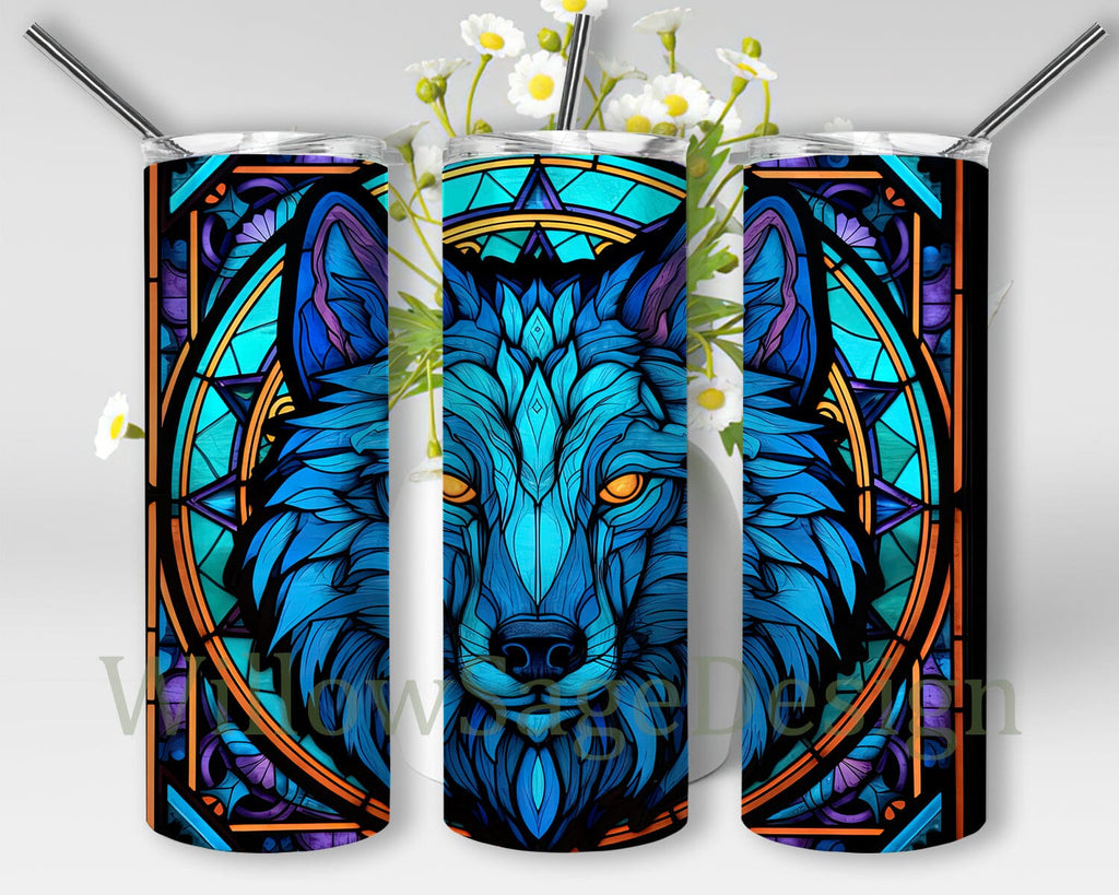 Wolf With Fang Neon Stained Glass Window 20oz Skinny Tumbler Png, Wolf ...