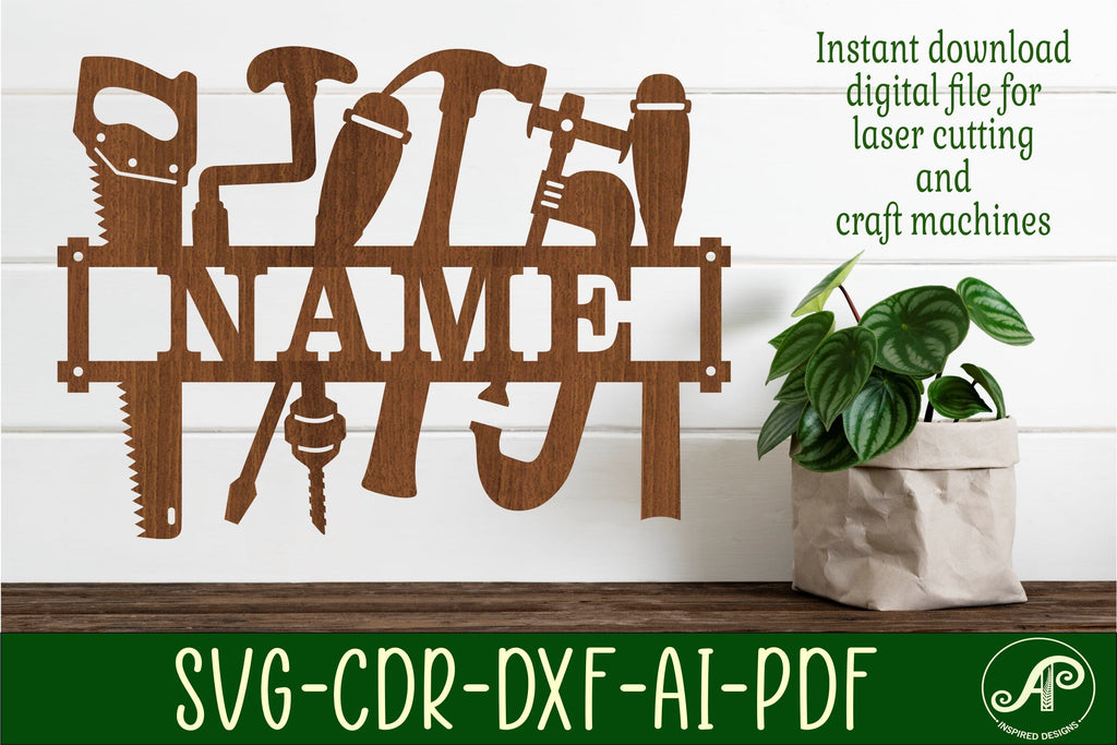 Wood work tool theme Name sign svg laser cut template - So Fontsy