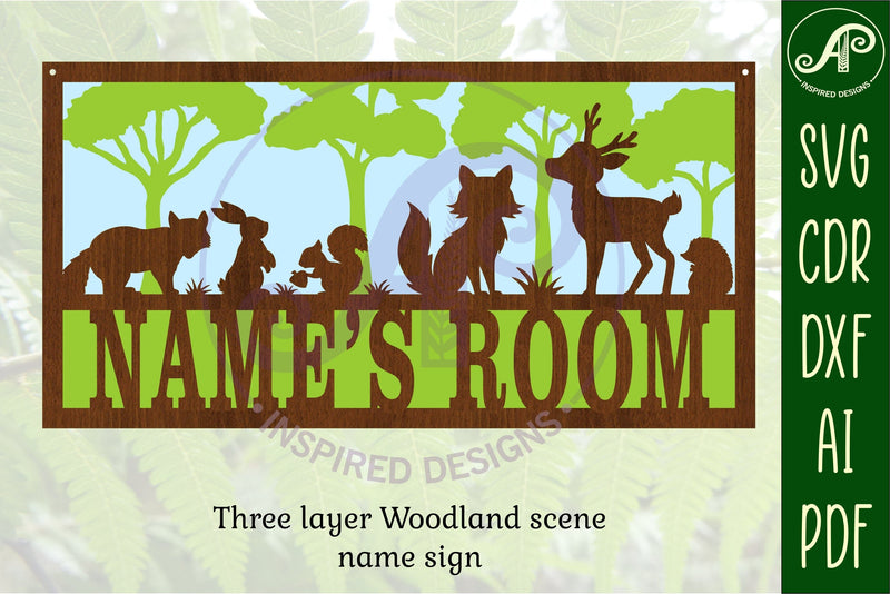 Woodland scene name sign SVG 3 layer laser cut template - So Fontsy