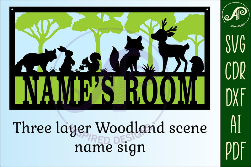 Woodland scene name sign SVG 3 layer laser cut template - So Fontsy