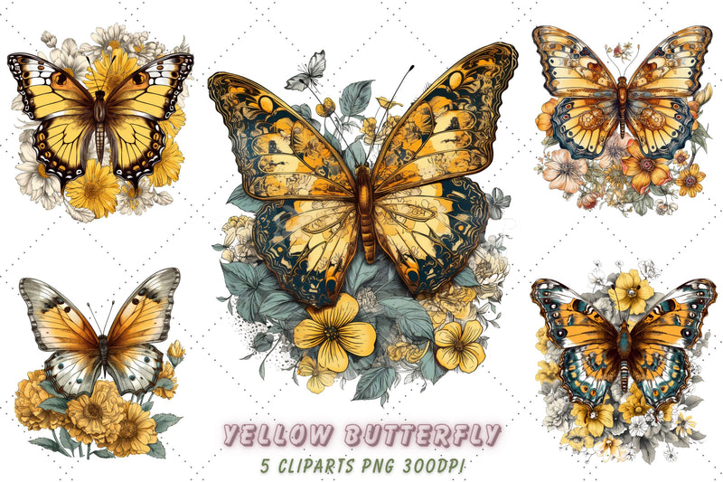 Yellow Butterfly floral Sublimation Clipart Bundle, Sublimation, Retro ...