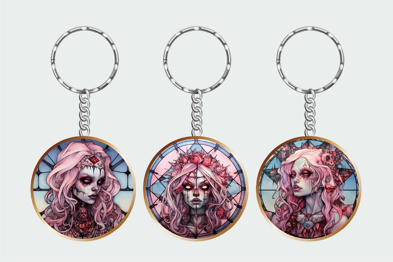Zombie Girl Halloween Keychain Sublimation Stained Glass - So Fontsy